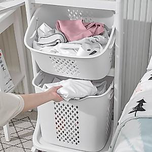 BAOKALER Rolling Laundry Hampers 2 Tier Laundry Baskets Dirty Clothes Hamper with Wheels White Portable Rolling Laundry Baskets with 2 Removable Baskets