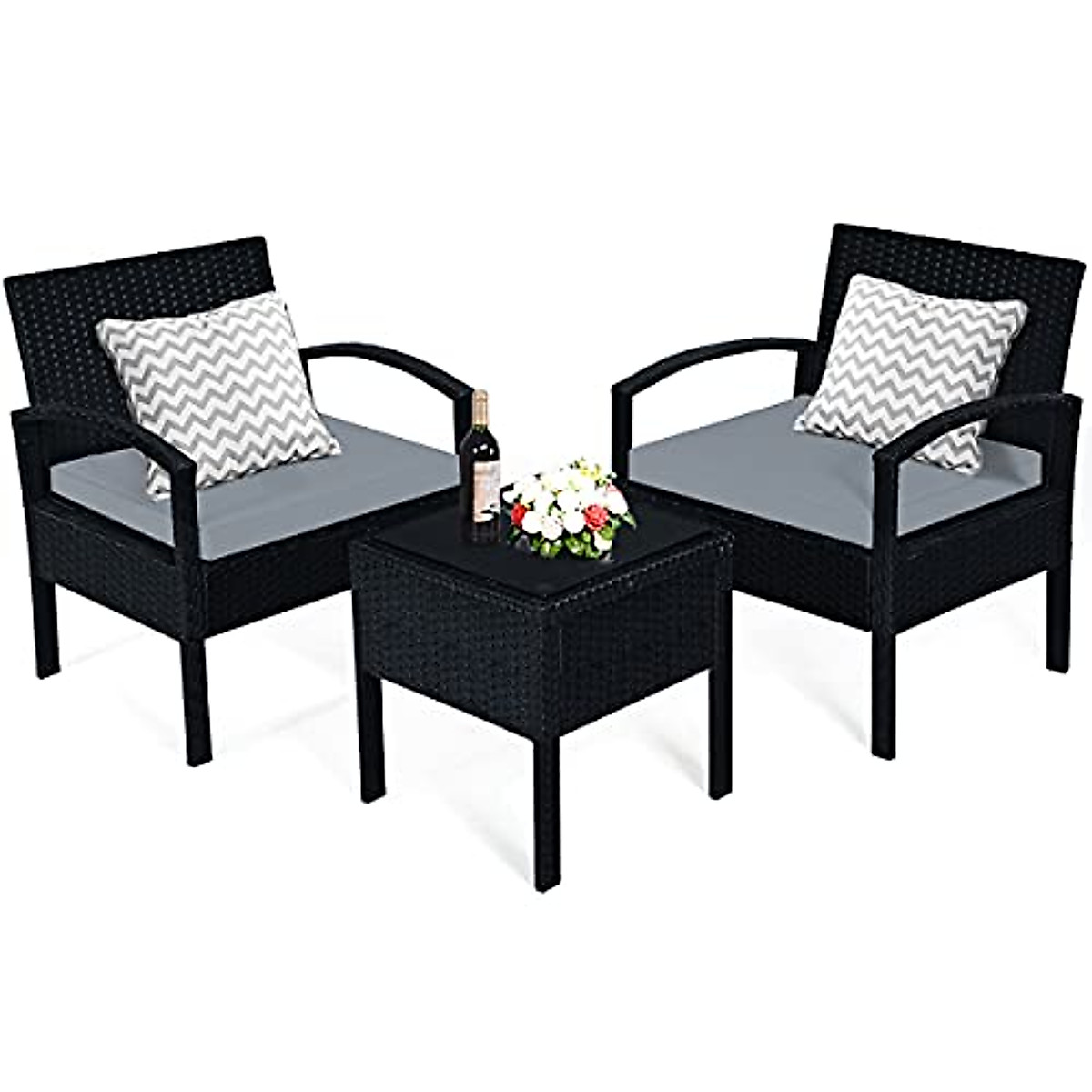 Tangkula 3 Piece Patio Conversation Set, Outdoor Rattan Sofa Set with Seat Cushions & Coffee Table, Patio Wicker Furniture Set for Garden Balcony Backyard Poolside (Grey)
