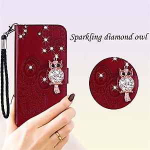 Ephoou Compatible with Apple iPhone 15 Pro Flip Glitter Wallet Case for Women, Pu Leather with Card Slots Crystal Diamond Owl Embossing Shockproof Cover Case for iPhone 15 Pro MTY-Red