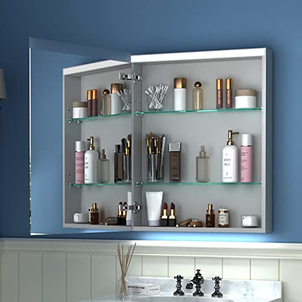 ES-DIY 24''x 30''LED Lighted Bathroom Medicine Cabinet with Mirror,Surface Lighted Medicine Cabinet,Dimmable,Adjustable Shelves,Intelligent Switch Medicine Cabinet, Aluminum Frame,Hinge On Left Side