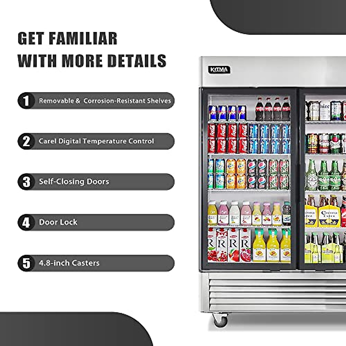 KITMA 54" Two Section Two Solid Doors Reach-in Commercial Refrigerator, 49 Cubic Feet, Automatic Defrost