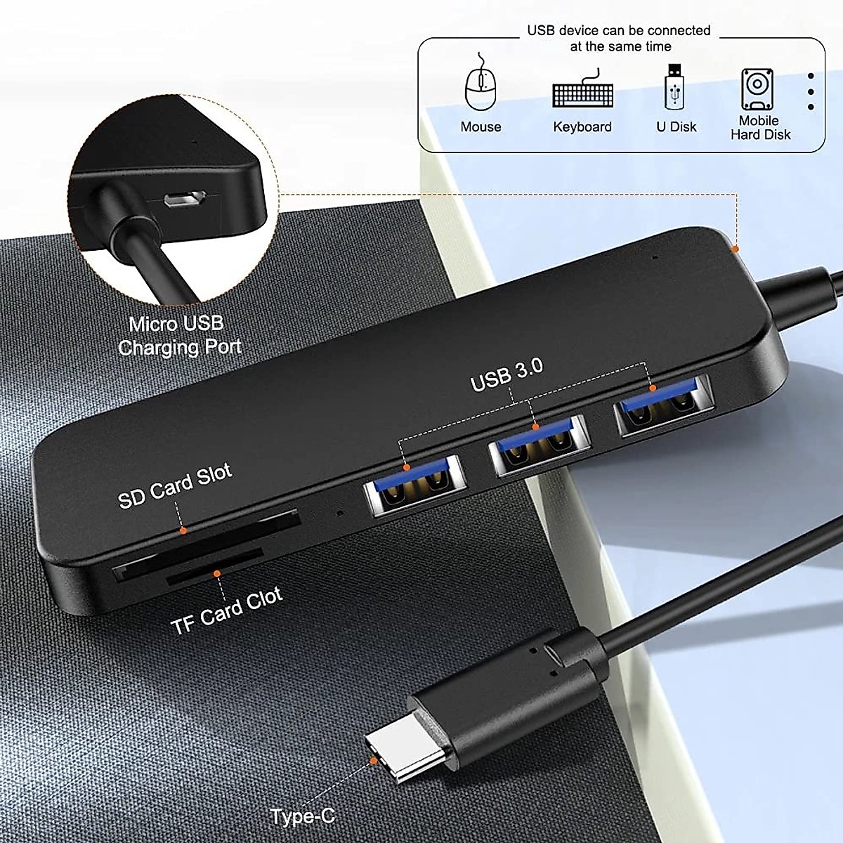 SHYPT USB C Hub USB Hub 3.0 Multi USB Splitter Adapter 3 Port Card Reader High Speed Type C Mini USB-Hub Extension Cable