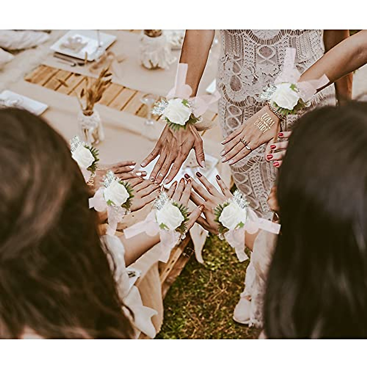 AOPRIE Corsage and Boutonniere Set Tear Drop Gemstone Tiara and Crown for Women Bride Flower Wristlet Band Bracelet of Wedding Accessories Man Suit Decorations Favor Gift