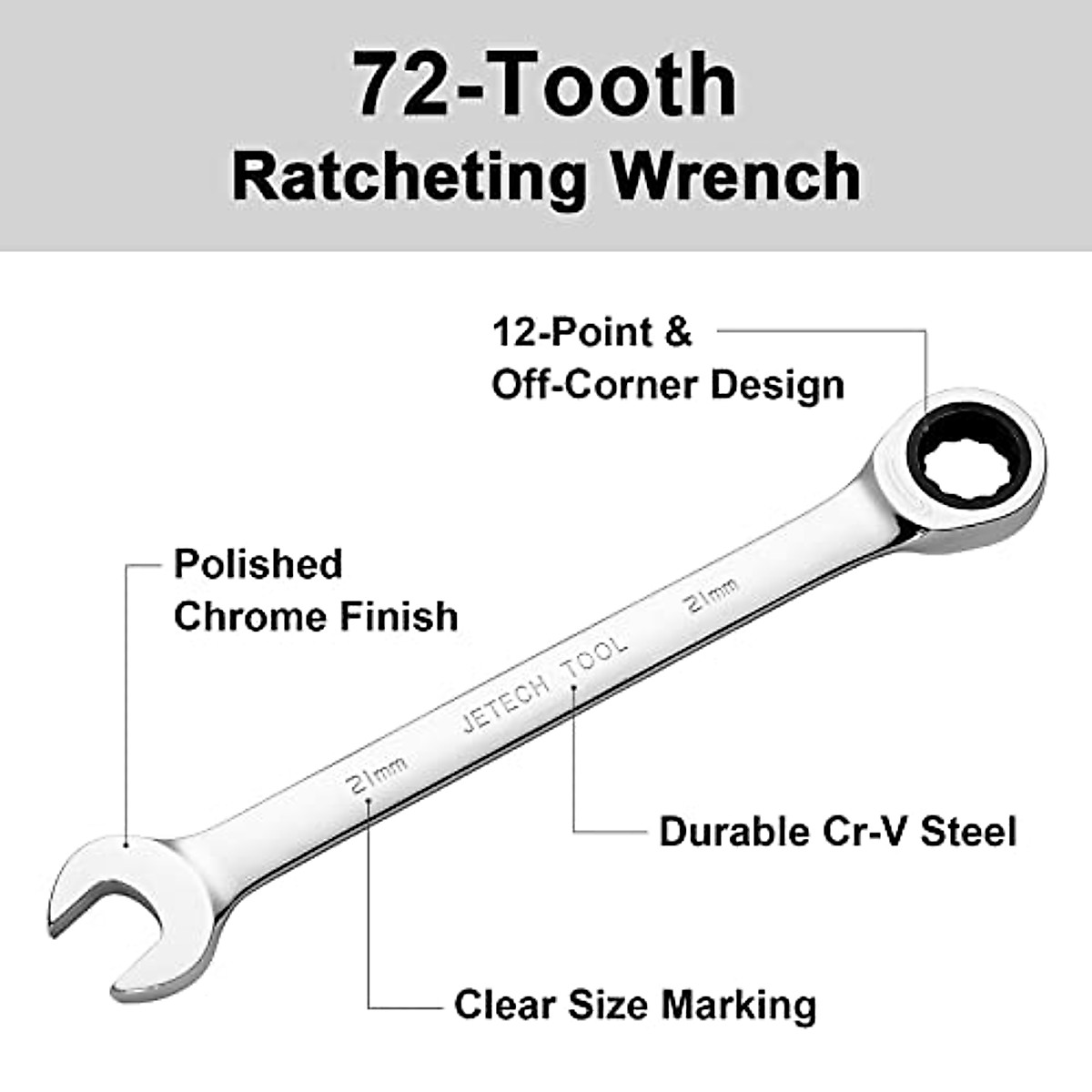 Jetech 21mm Ratcheting Combination Wrench, Industrial Grade Gear Spanner with 12-Point Design, 72-Tooth Ratchet, Made with Forged and Heat-Treated Cr-V Steel in Chrome Plating, Metric