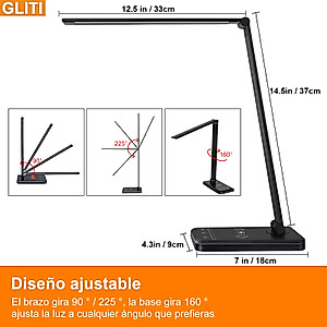 GLITI LED Desk Lamp with Wireless Charging，Dimmable Desk Light, 5 Light Colors, 6 Brightness Levels, Touch Control Table Lamp with USB Rechargeable, Auto Timer, for College Dorm, Home, Office