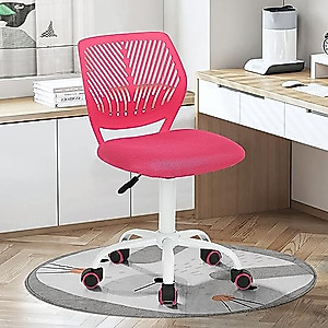 Desk Chair Armless Small Study Chairs Armless for Child Kids Teens, Ergonomic Swivel Rolling Lightweight Task Chair with Wheels and Mesh Padded Cushion, Pink