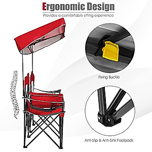 Tangkula Loveseat Camping Chair with Adjustable Shade Canopy, Portable Beach Chair with Cooler Bag, 2 Cup Holders, Carrying Bag, Foldable Double Lawn Chair for Travel, Fishing, Picnic (Red)