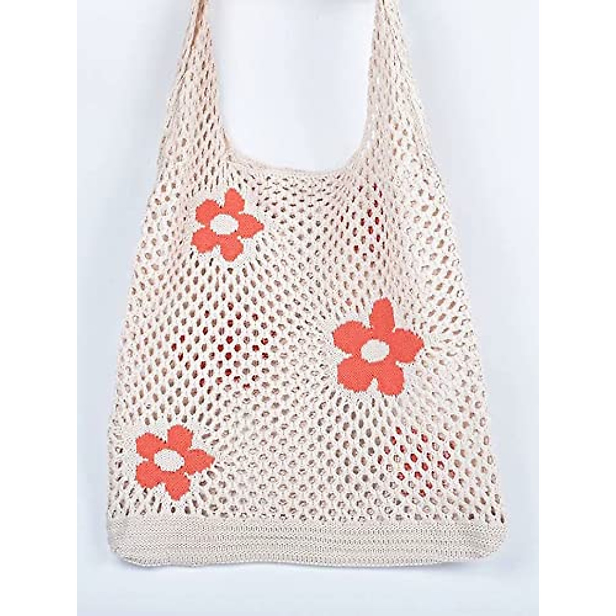 Crochet Tote Bag for Women - Cute Knitting Shoulder Tote Bags Purse Aesthetic Mesh Hollow Flower Woven Beach Tote Handbag (A Beige)