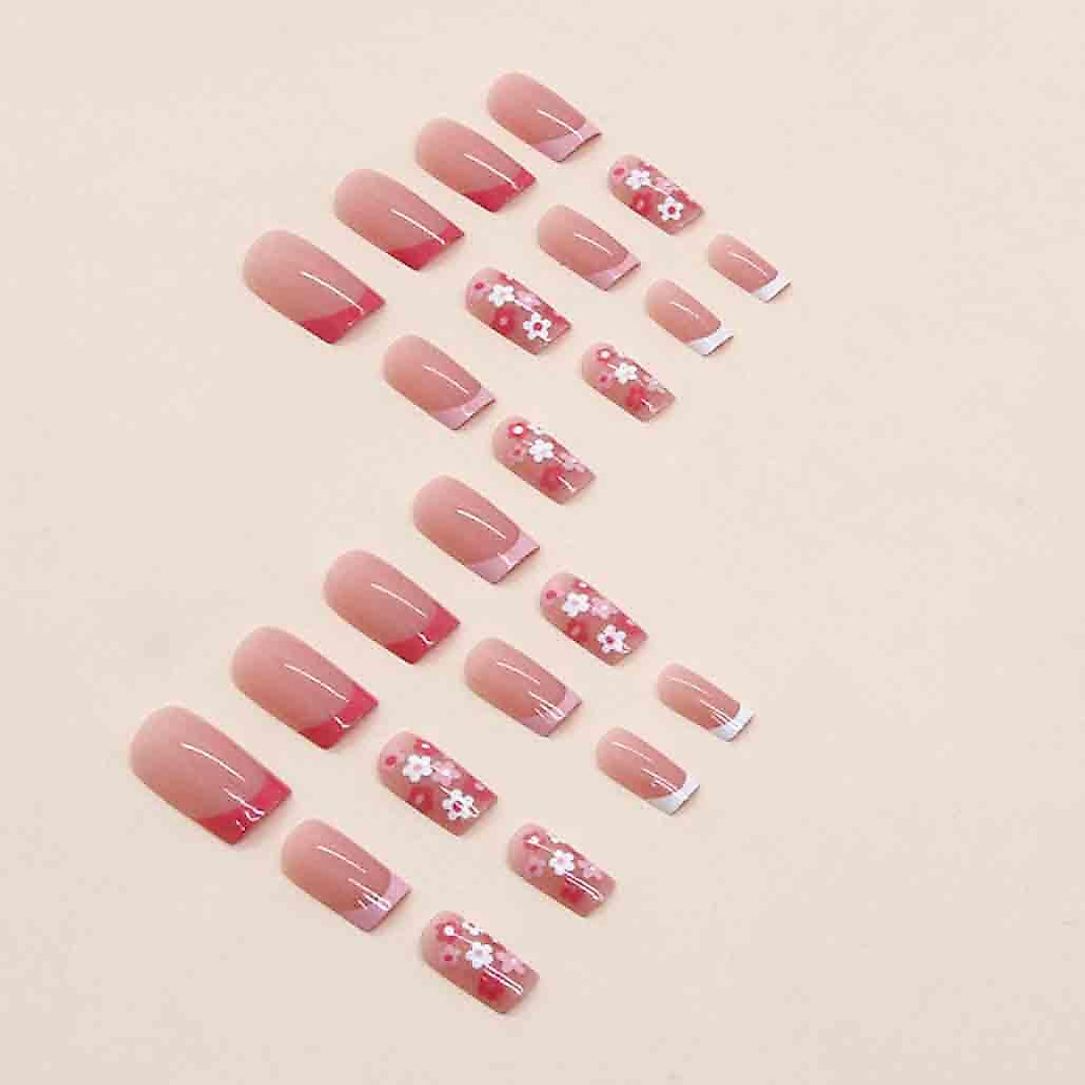 Foccna Square False Press on Nails Pink Medium Acrylic Fake Nails Flower Design for Girl Full Cover Wear Finger Nail Art Tips for Women&Girls 24PCS