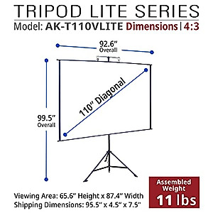 Akia Screens 2 in 1 110 inch Portable Projector Screen with Stand and Carry Bag 4:3 16:9 8K 4K HD 3D, Stand or Wall Mount Tripod Projection Screen for Outdoor Movie Home Theater, AK-T110VLITE (Black)
