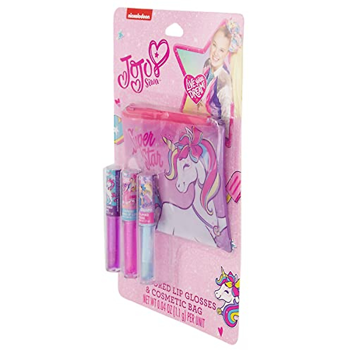 Taste Beauty Zippered JoJo Siwa Bag with Fruit-Flavored Lip Gloss Set, Pack of 3 Lip Gloss Tubes