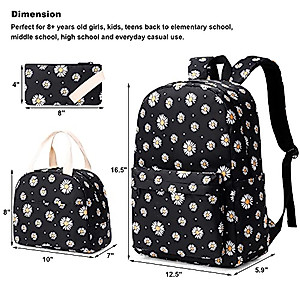 Kouxunt Daisy Girls School Backpacks for Kids Teens, 3-in-1 School Bag Bookbags Set with Lunch Bag Pencil Case (Black)