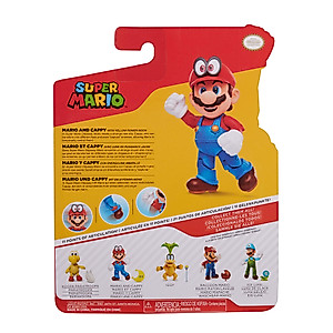 Super Mario Nintendo Collectible Mario Wearing Cappy 4" Poseable Articulated Action Figure with Yellow Power Moon Accessory, Perfect for Kids & Collectors Alike! for Ages 3+ (401344)