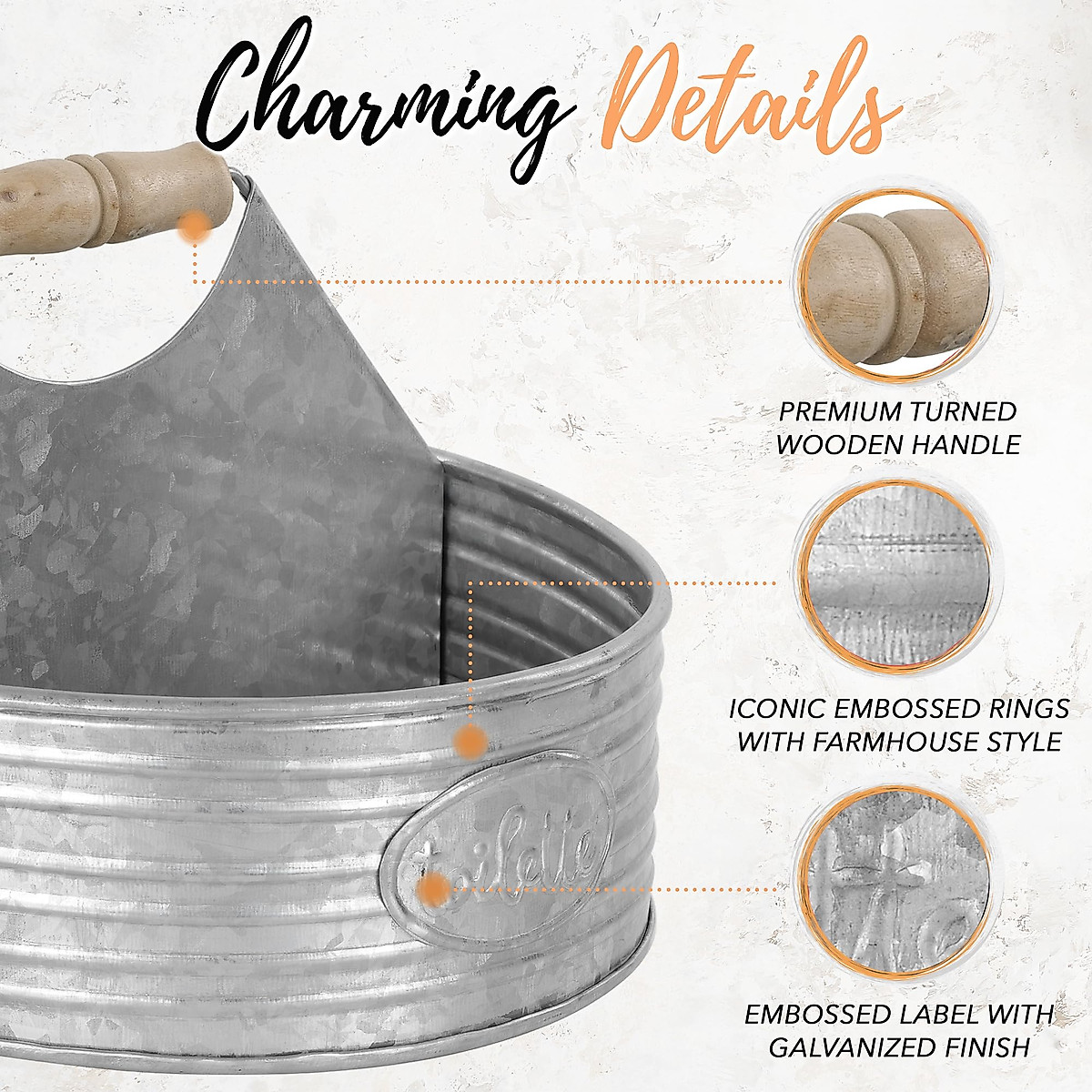 Autumn Alley Farmhouse Rustic Shower Caddy Basket for Bathroom - Toiletries Countertop Organizer, Decorative Bathroom Caddy, Galvanized Bathroom Accessories with Toilette Label, 11" x 6.25", Large