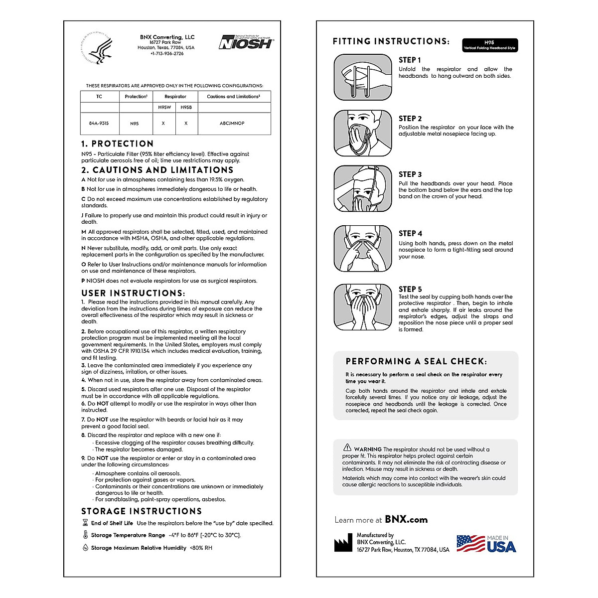 AccuMed BNX N95 Mask Black MADE IN USA Particulate Respirator Protective Face Mask (10-Pack, Approval Number TC-84A-9315 / Model H95B)