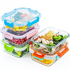 UMEIED Glass Meal Prep Containers 3 Compartment with Lids (5 Pack, 36oz), Divided Glass Storage Containers for Lunch at Work, Leak-Proof Portion Control Food Containers, Microwave/Dishwasher Safe