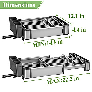 Dish Drying Rack, Kitchen Counter Dish Drainer Rack Auto-Drain, Expandable (14.8 to 22.2 inch) Rustproof Aluminium Large Sink Dish Strainer with Dish Drying Mat and Utensil Holder, Silver