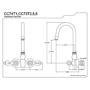 Kingston Brass CC74T1 Vintage Leg Tub Filler, Porcelain Lever Handle, Polished Chrome,8-Inch Adjustable Center