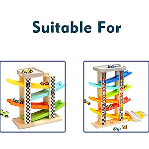 TOP BRIGHT Wooden Car Ramp Race Track Toy Toddler Car Playset Replacement Cars 12 Pack