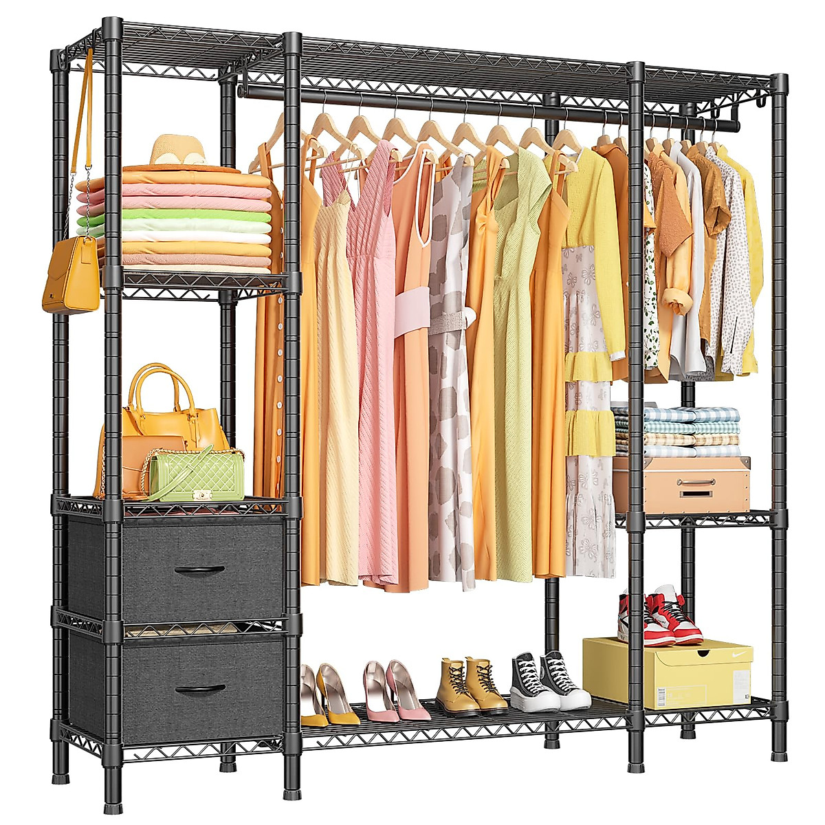 Ulif E6 Clothes Rack with Drawers, 5 Tiers Metal Garment Rack with Shelves for Hanging Clothing, Closet Storage Organizer for Bedroom and Cloakroom, 58.6" W x 14.5" D x 71.6" H, Max Load 670lbs