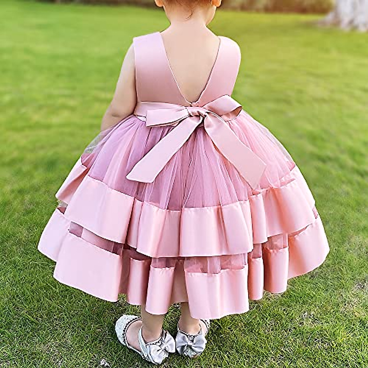 3M-6T Toddler Girl Bowknot Backless Tutu Gown Ruffle Lace Tulle Pageant Dress Baby Party Dresses with Headwear Dark Pink 80