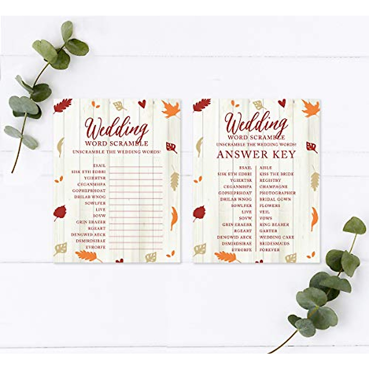 Andaz Press Fallin' in Love Autumn Fall Leaves Wedding Party Collection, Wedding Word Scramble Bridal Shower Game Cards, 20-Pack