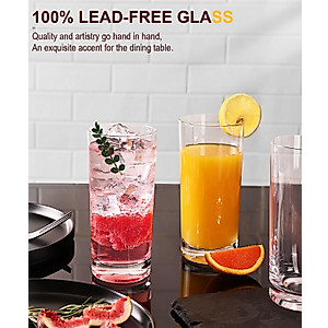 LUNA & MANTHA Drinking Glasses Highball Glasses Set of 6, Water Glasses 16oz, Wide Mouth Design Lead-Free Crystal Glassware, Cocktail Glasses Drinking Set, Tall Glass Cups for Mojito and Tom Collins