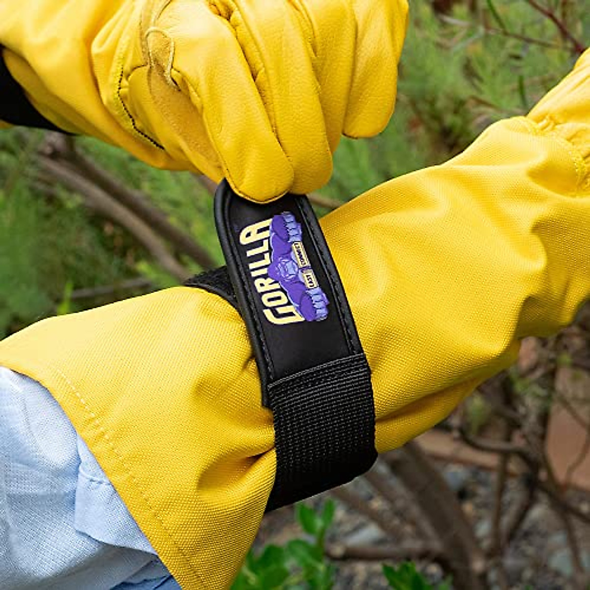 GORILLA EASY CONNECT Gardening Gloves Lightweight Tough Heavy Duty Long Sleeve Leather Pruning Gloves with Adjustable Strap - Yellow