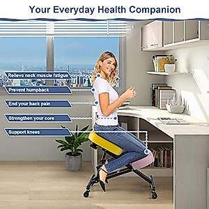 COSTWAY Ergonomic Kneeling Chair, Height Adjustable Stool with 330lbs Capacity, Thick Foam Cushion, Gliding Caster, Angled Seat to Improve Sitting Posture, Kneeling Stools for Office, Yellow+Pink