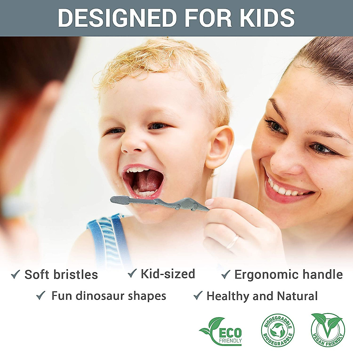 ANPEI ROARex Vegan Kids Toothbrush | Dino Design | Biodegradable & Compostable Natural Plant-Based Toothbrush | Dinosaur Theme | 1% for The Planet