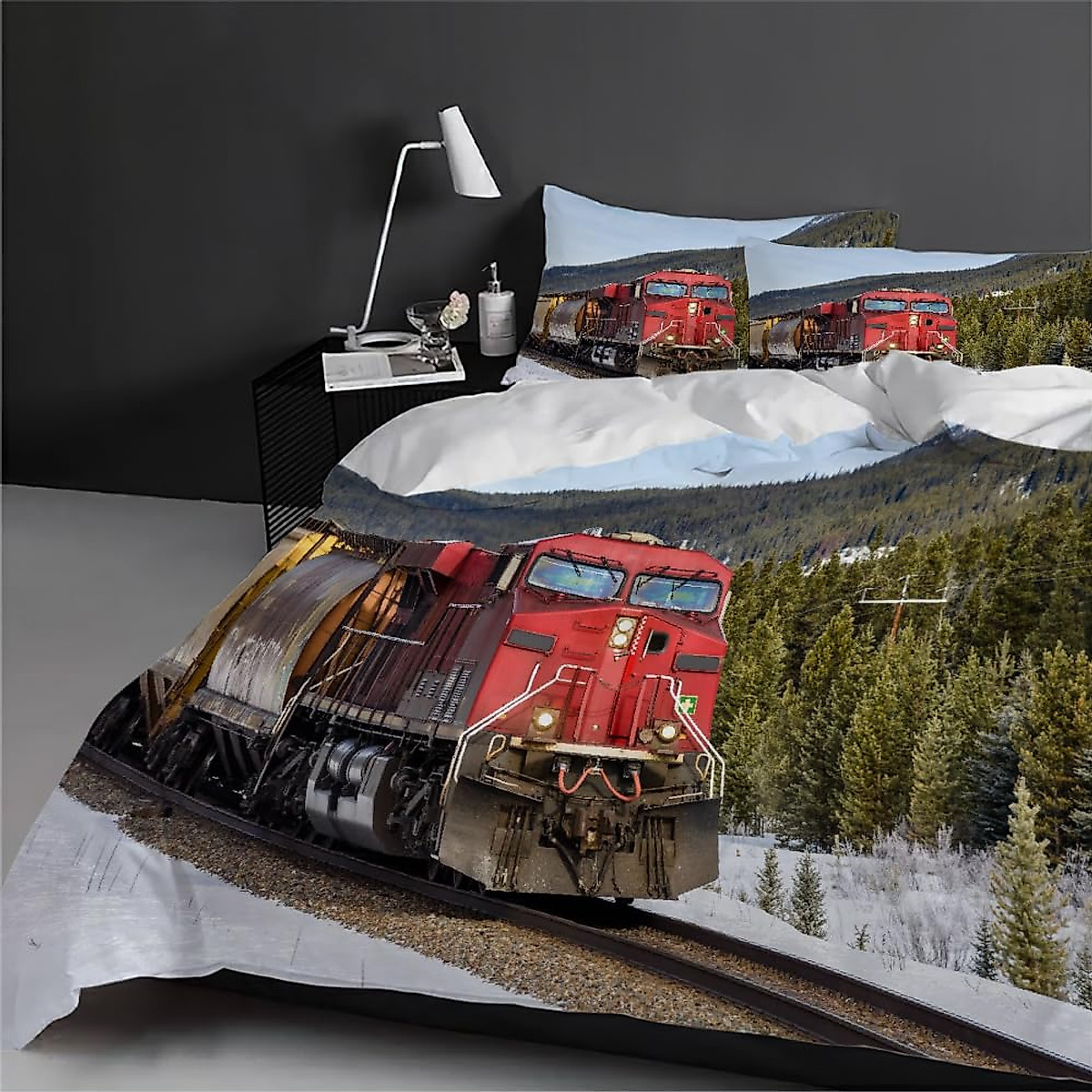 HONEDON Diesel Locomotive 3D Print Pattern Duvet Cover Retro Train Pattern Bedding Set with 2 Pillowcases Microfiber Bedspread Cover Zipper 3 Pieces(1 Duvet Cover + 2 Pillowcase 20" x 30")