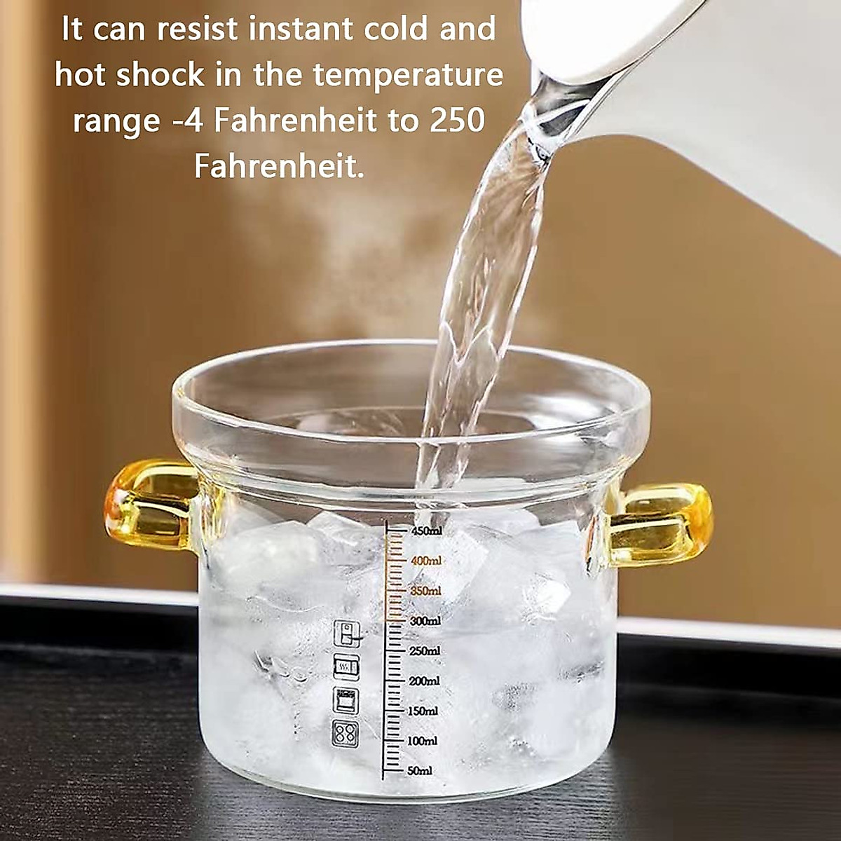 DEESUNG Glass Bowl with Handles and Lid, 15 OZ, With Measurement Marks, Food Grade High Borosilicate Glass, Measure Bowl, Bowl for Cereal, Dessert, Pasta, Salad and Soup