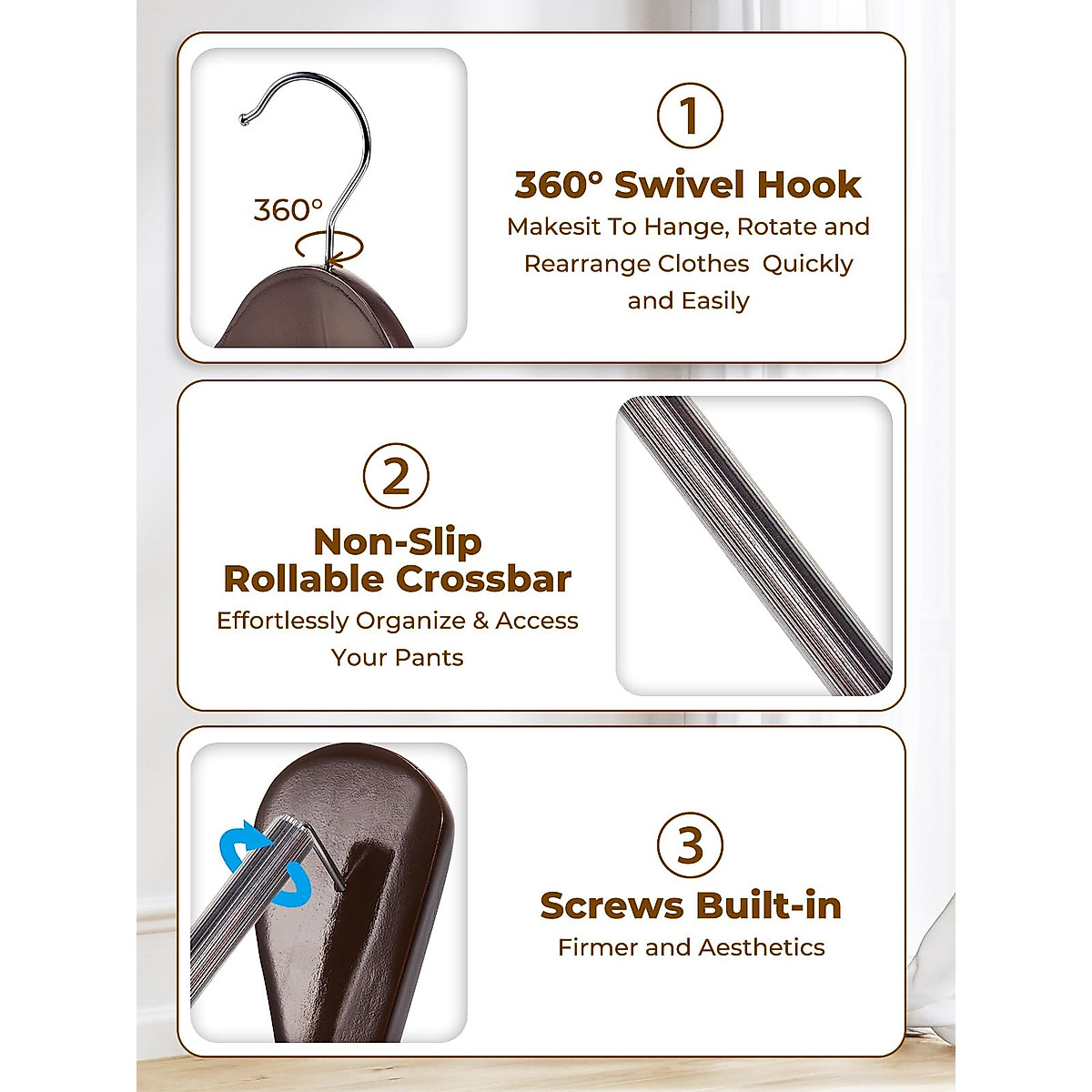 HOUSE DAY Wide Shoulder Wooden Hangers, Wood Suit Hangers with Non Slip Pant Holder, Heavy Duty Coat Hangers for Closet, Wooden Clothes Hangers for Suits, Coats, Jackets, Shirts (6 Pack, Walnut)