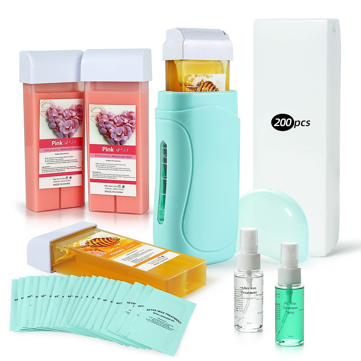 Roll on Wax Warmer Kit, Rose Roll on Wax, Soft 4 Pack Wax Roller Kit with Wax Warmer & 200 Wax Strips for Hair Removal, Waxing kit Roll On Home Roller Waxing Kit for Men and Women Beth lee