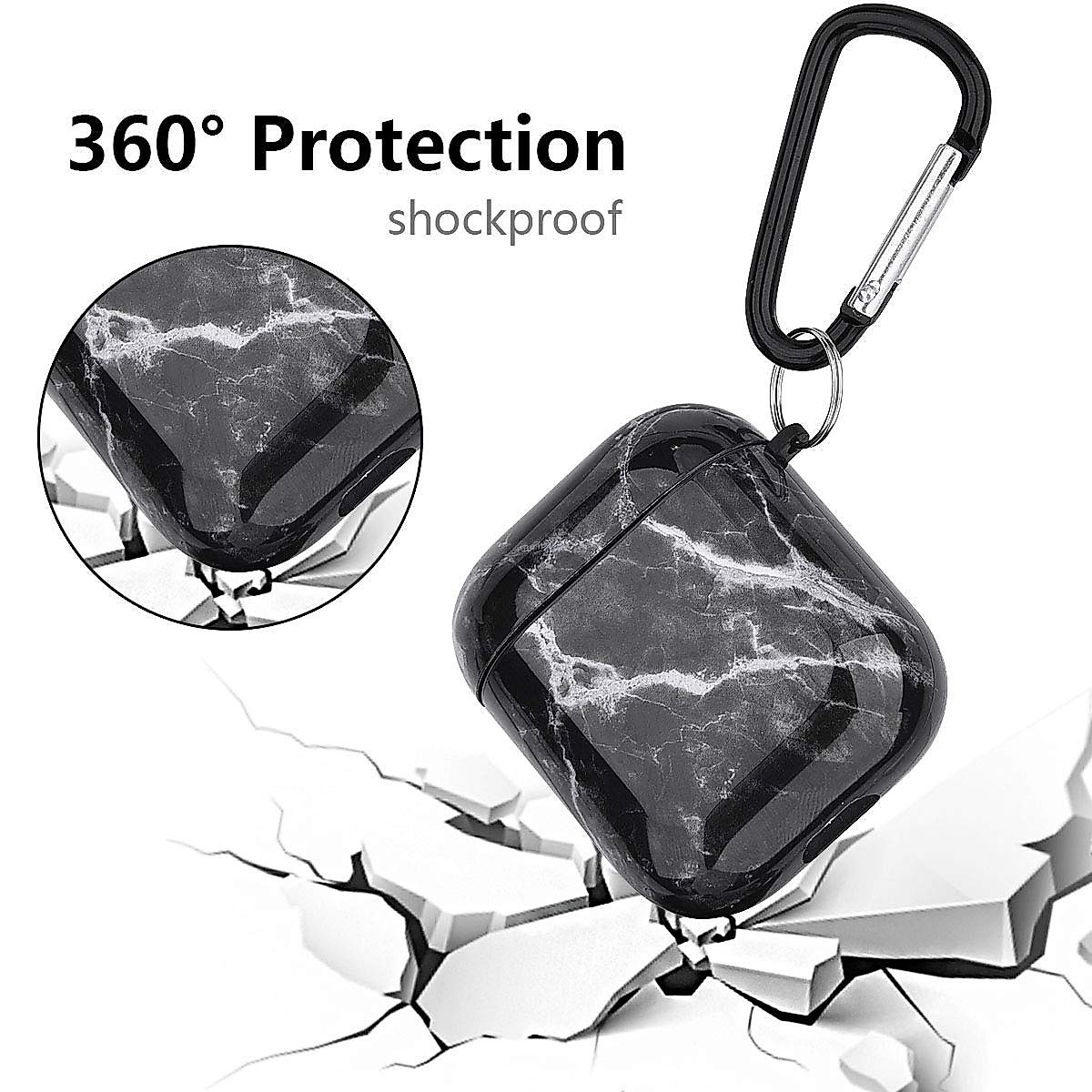 CAGOS for Airpod Case, Cute Marble Protective Hard Cover with Keychain Compatible with Apple Airpods 2nd/1st Generation Case for Women Men, Black