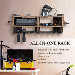 MyGift Wall Mounted Power Tool Organizer Station, Rustic Burnt Solid Wood Toolbox Storage Shelf, 8 Drill Hanging Rack, 15 Hand Tools Slots, and Circular Saw Holder