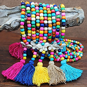FILOL New Women Tassel Wooden Beads Necklace Pendant Bohemian Chain Jewelry Accessory (Sky Blue)