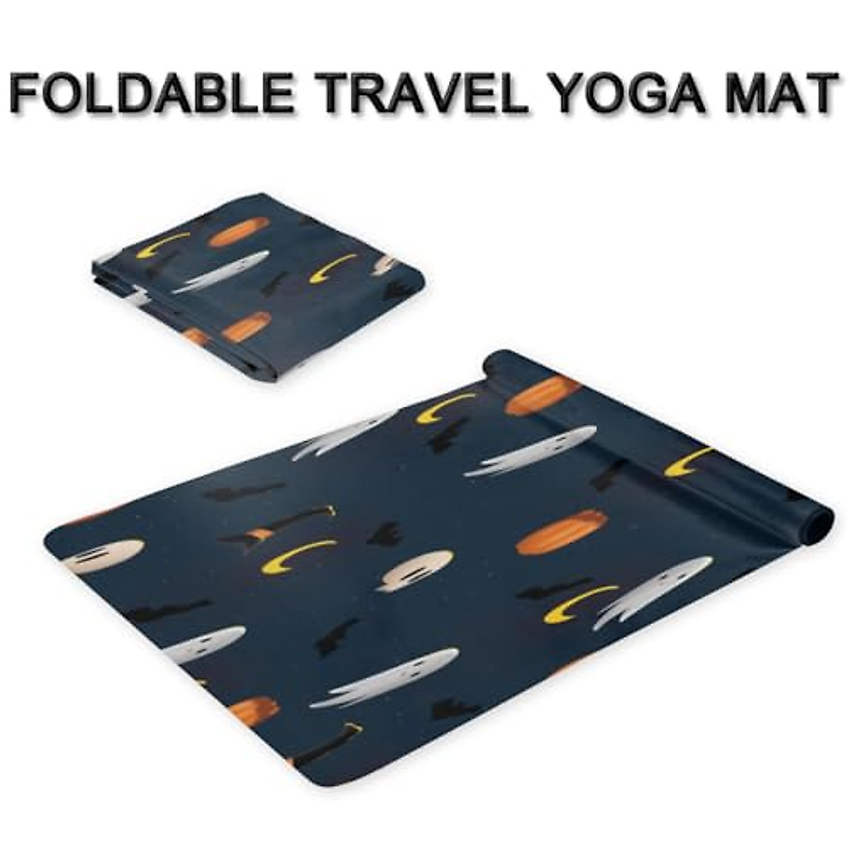 Skull Pumpkin Witch Hat Yoga Mat Folding Travel Fitness & Exercise Mat with Carrying Bag Non-Slip Lightweight Travel Yoga Mat for Women Pilates 72"L × 26.8” W × 2 Mm Thick