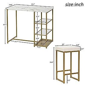 FIQHOME Dining Table Faux Marble Countertop and 2 Padded Stools,3-Piece Modern Pub Set with 3 Storage Shelves for Living Room,Restaurant,Bar,White+Gold