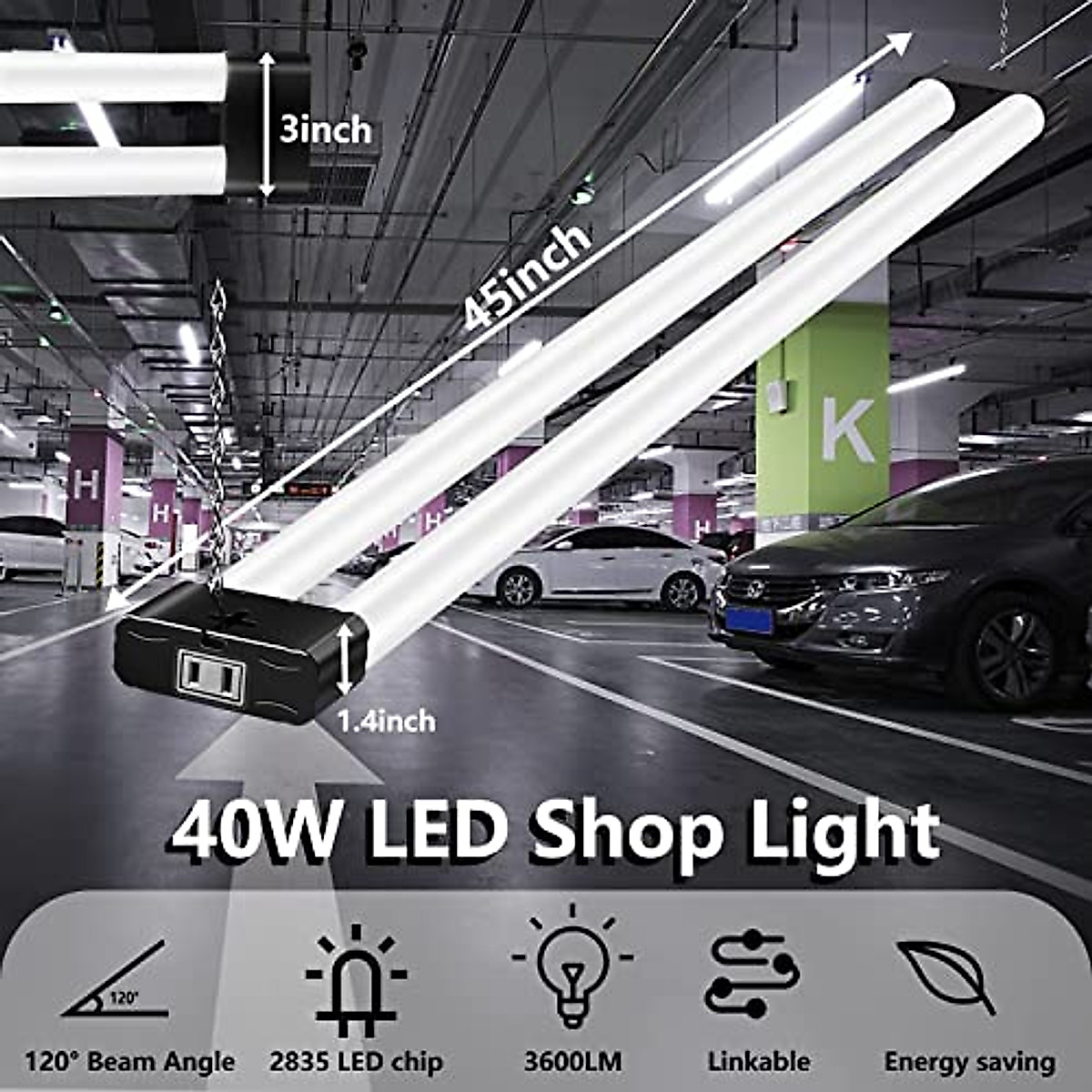 Royana LED Shop Light Linkable, 4FT 40W LED Ceiling Lights for Garage Utility Light Fixture 6500k/3000K/4000K LED Workbench Light W/Plug Hanging, Black - ETL- 4 Pack