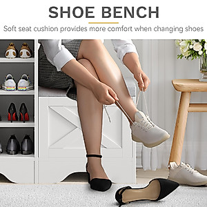 DWVO Farmhouse Shoe Storage Cabinet with Shoe Bench, 5-Tier Shoe Cabinet with Adjustable Shelves for 20 Pairs, Narrow Slim Shoe Cabinet with Sliding Door for Entryway, Hallway, Living Room (White)