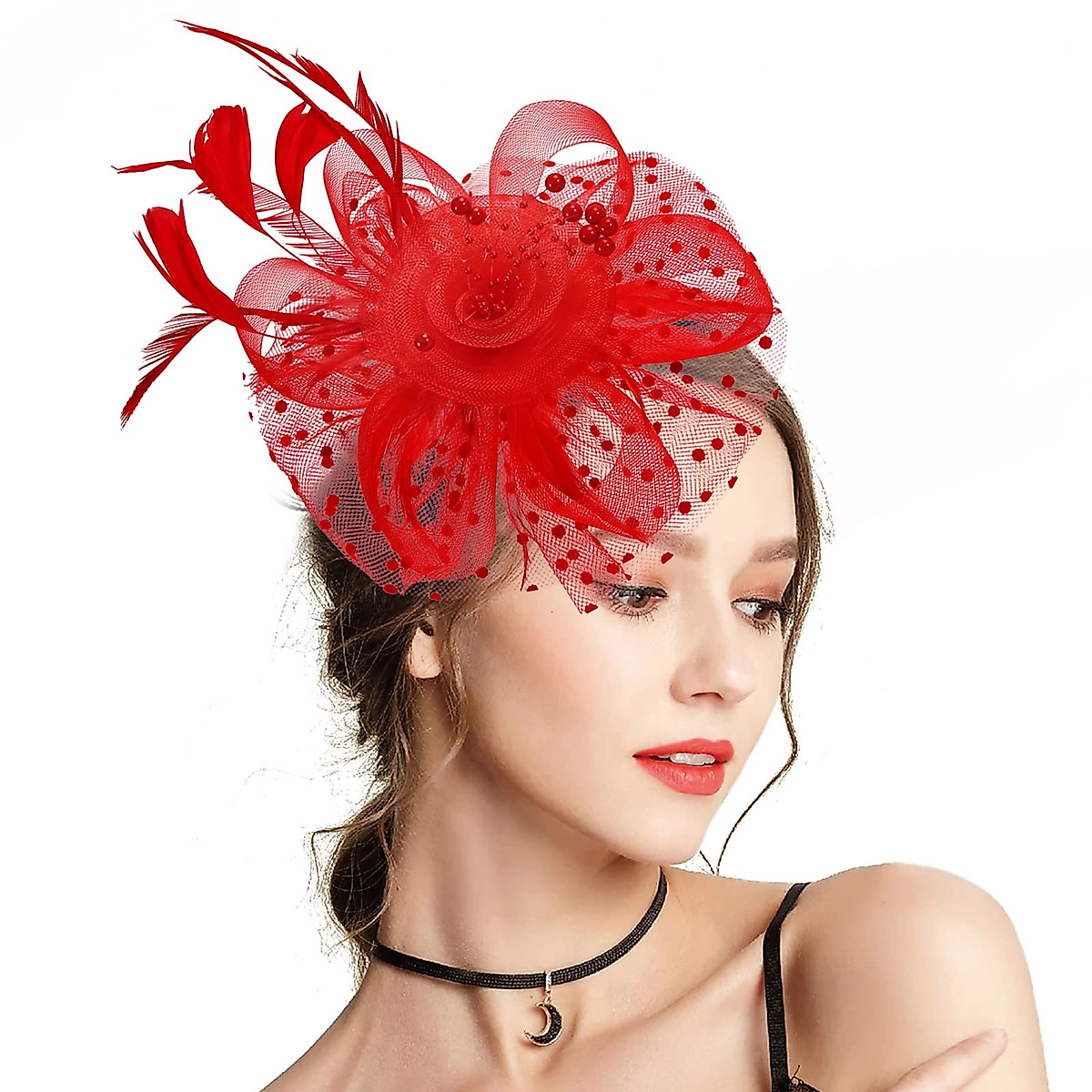 Takmor Fascinators for Women, Kentucky Derby Hats for Women Tea Party Tea Party Hat for Women for Church Wedding Cocktail Red