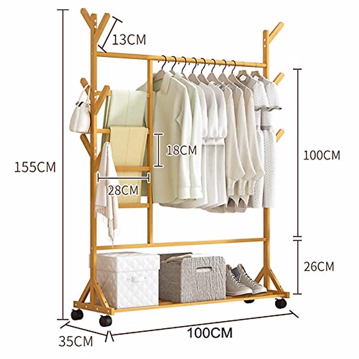 YXDFG Rolling Closet Organizer Shoe Rack,Bamboo Clothes Drying Rack,Coat Rack Stand Garment Rack Rail W/9 Side Hooks,Hall Tree Entryway Bedroom Storage Shelves Clothes Hanging Rack,Brown