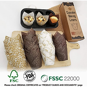 Bake Choice Nordic Paper 200pcs Tulip Cupcake Liners for baking cups with Fancy White design with Gold leaves EU Parchment paper Tulip Muffin liners, Cupcake Wrappers for Party, Wedding, Birthday