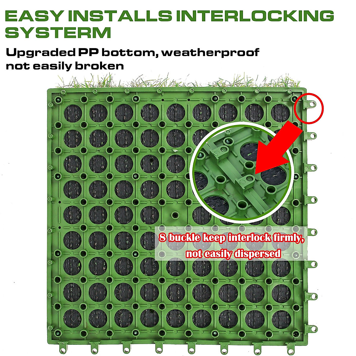 GLOBREEN Interlocking Artificial Grass Tiles 9 Pack, 12" x 12" Squares Fake Turf Grass Tiles Self-Draining for Deck, Patio, Dogs, Balcony, Backyard, Indoor Outdoor Flooring Decor