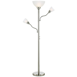 Possini Euro Design Alexei Modern Torchiere Floor Lamp Tree 3-Light Gooseneck Arm 72" Tall Brushed Nickel White Crackle Glass Pole Dimmer Living Room Reading House Bedroom Home Office