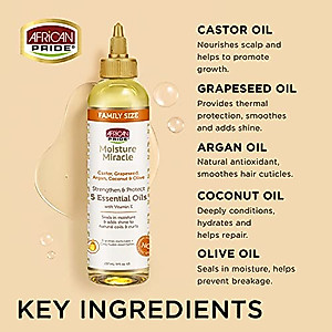 African Pride Moisture Miracle 5 Essential Hair Oils - Contains Castor, Grapeseed, Argan, Coconut & Olive Oil, Seals in Moisture & Adds Shine to Hair, Vitamin E, 8 oz