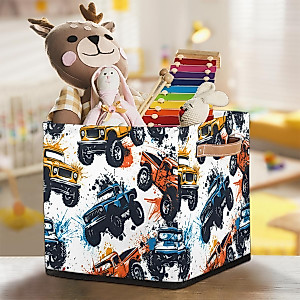 Tablerazzi Monster Truck Car Cube Storage Bin, 13 Inch Collapsible Fabric Storage Cube Bin, Foldable Cube Baskets for Shelf, Closet, Organizer