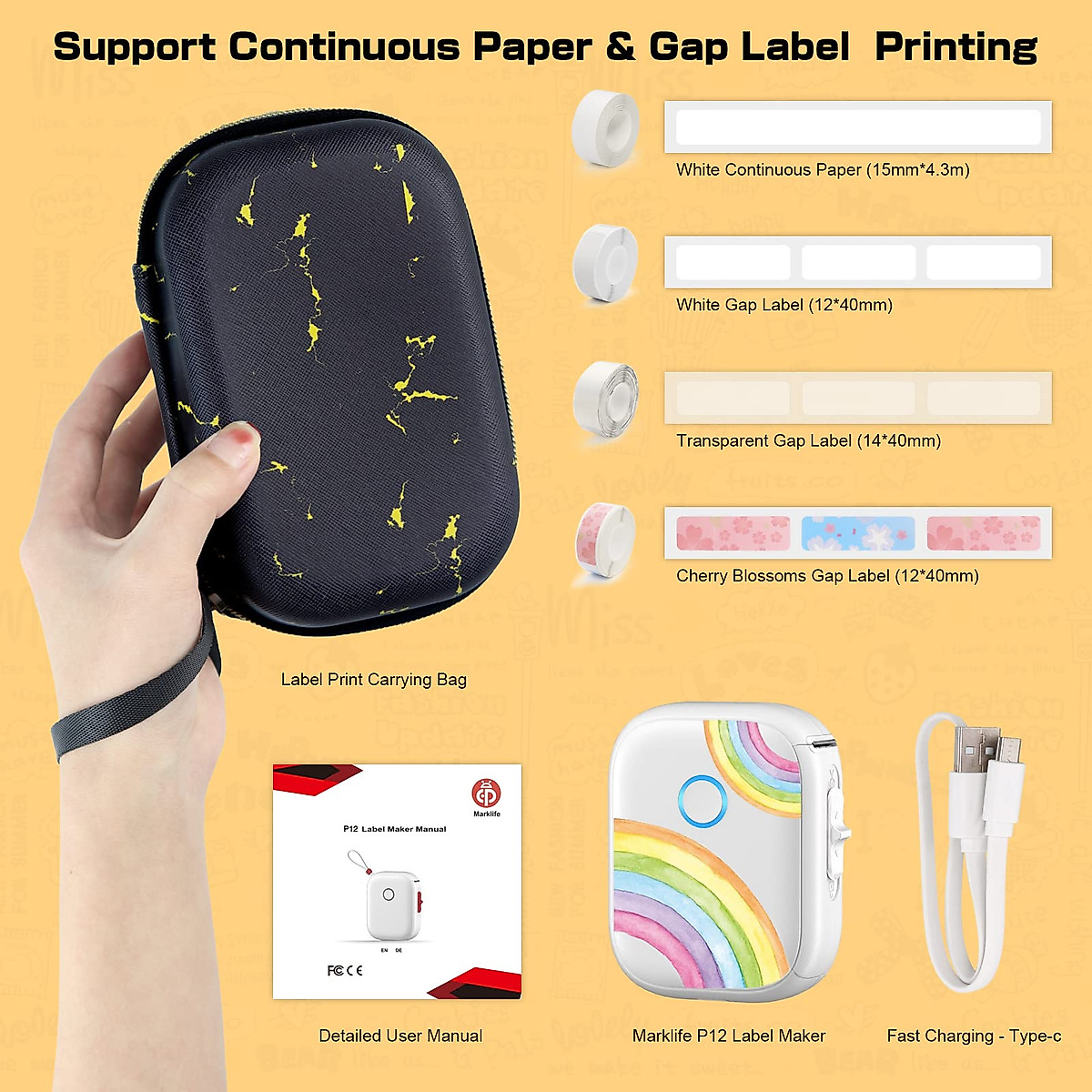 MARKLIFE P12 Portable Bluetooth Label Printer - Mini Thermal Sticker Machine for Home, Office, Storage, Barcode, Gift Labels (Color, 1 Printer+4 Tapes+Case)