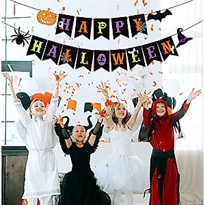 JKQ Colorful Happy Halloween Banner and Halloween Pattern Pennant Banner Halloween Paper Bunting Banner with Pumpkin Spider Bat Witch Hat Signs Halloween Haunted House Party Decorations for Wall